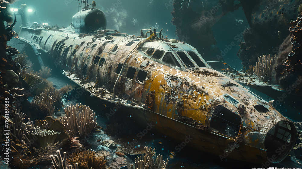 An underwater scene with a large, old rusty submarine on its side ...