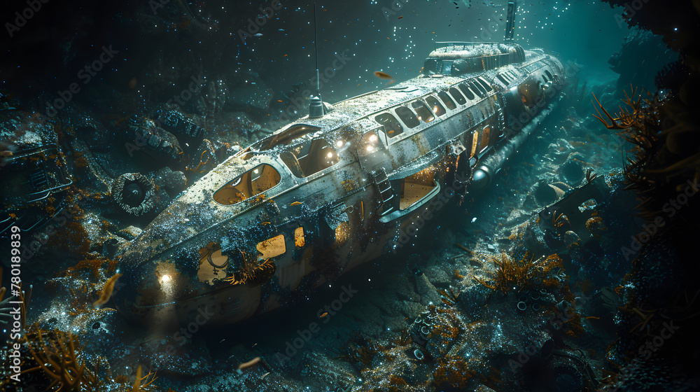 An underwater scene with a large, old rusty submarine on its side ...