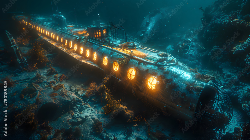 An underwater scene with a large, old rusty submarine on its side ...