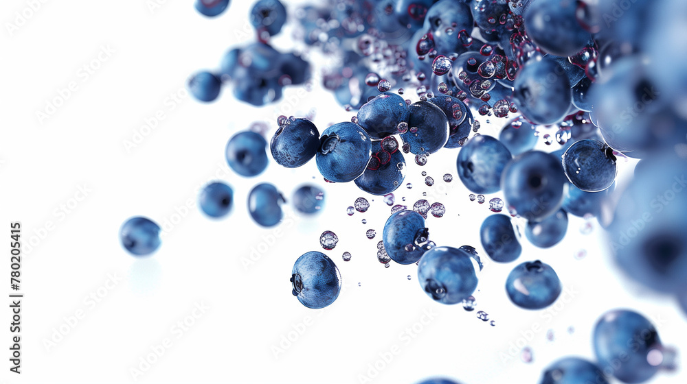 Blueberries cascading on a pure white background, emphasizing vibrant ...