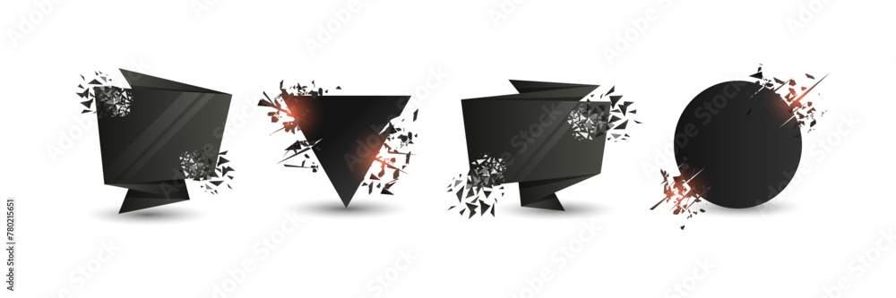 Explosion banners. Square and circle destruction shapes with debris ...