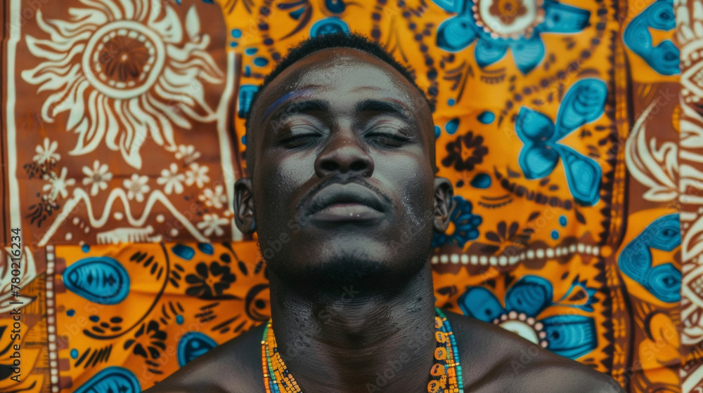 A stoic black man sits against a backdrop of traditional African prints ...