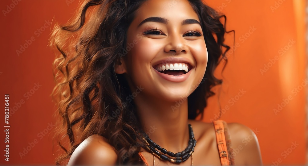 young native hawaiian woman on plain bright orange background laughing ...
