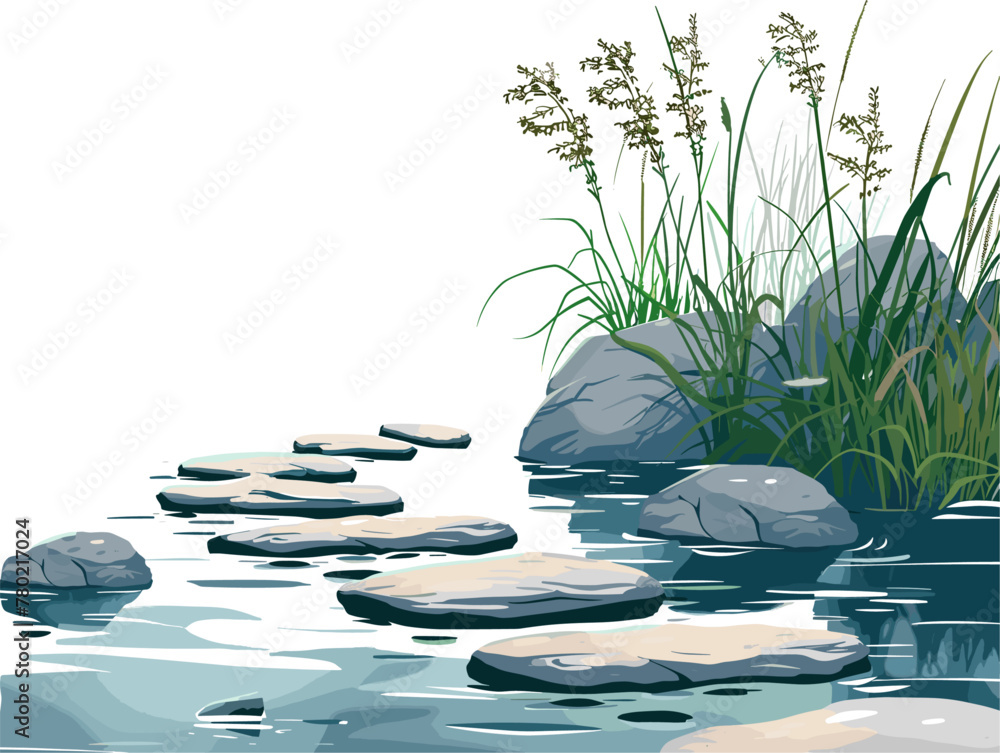 white background, Crossing a shallow river on stepping stones, in the ...