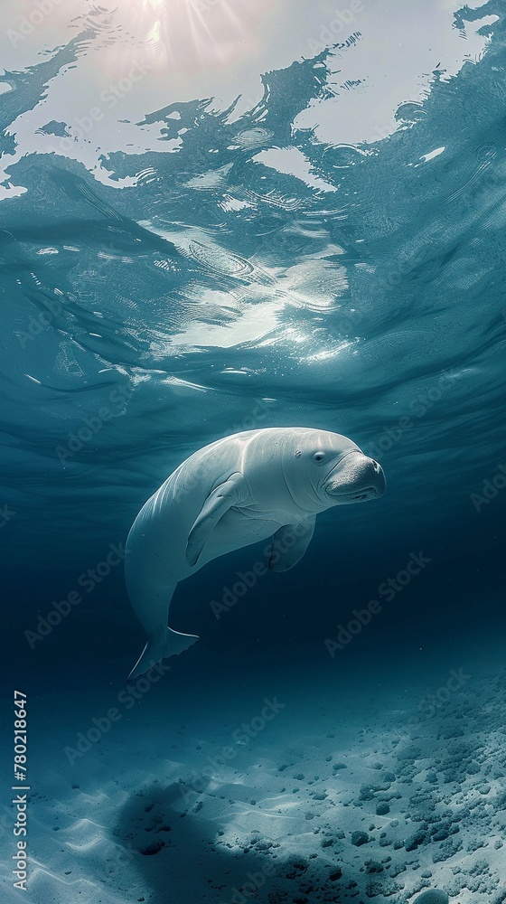 Dugong, gliding deep underwater, dynamic angle, majestic, soft focus ...