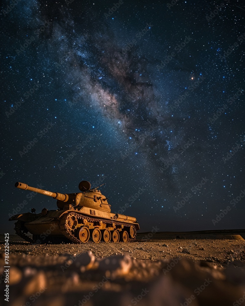 El Alamein, deserted tanks under starry night, low angle, historic ...