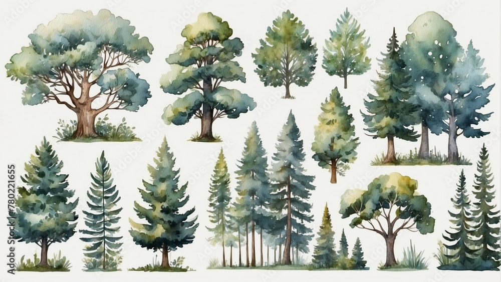 Beautiful watercolor trees. set of isolated trees in summer Stock ...