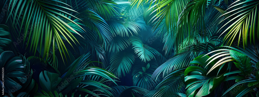 tropical jungle dark background with palm leaves, green and blue colors ...