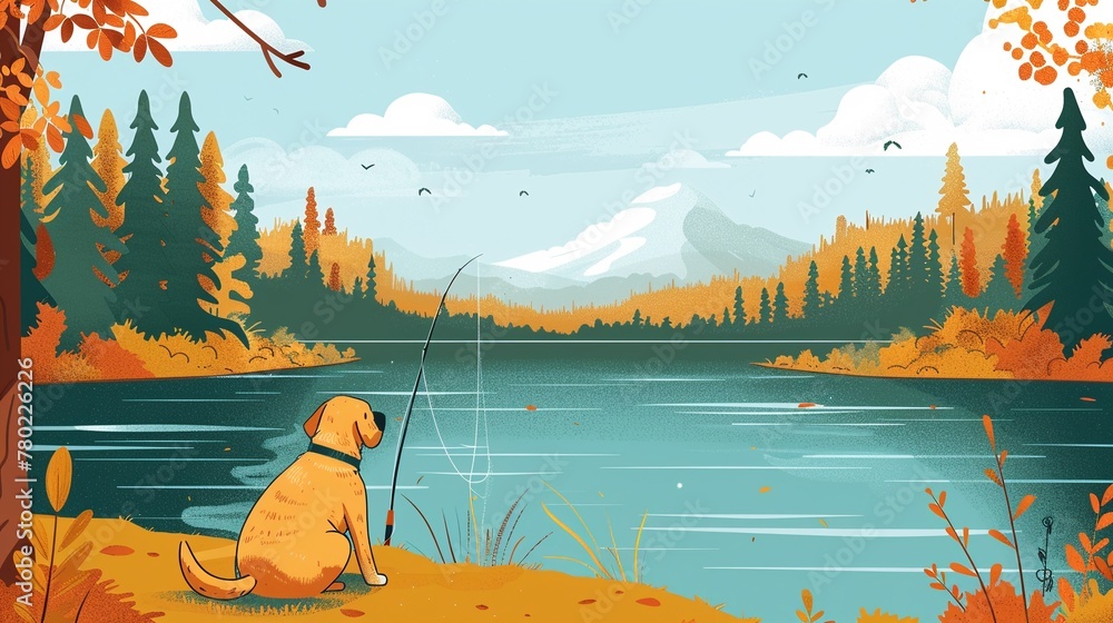 Dog fishing by a forest lake, clipart with vibrant woodland scenery ...