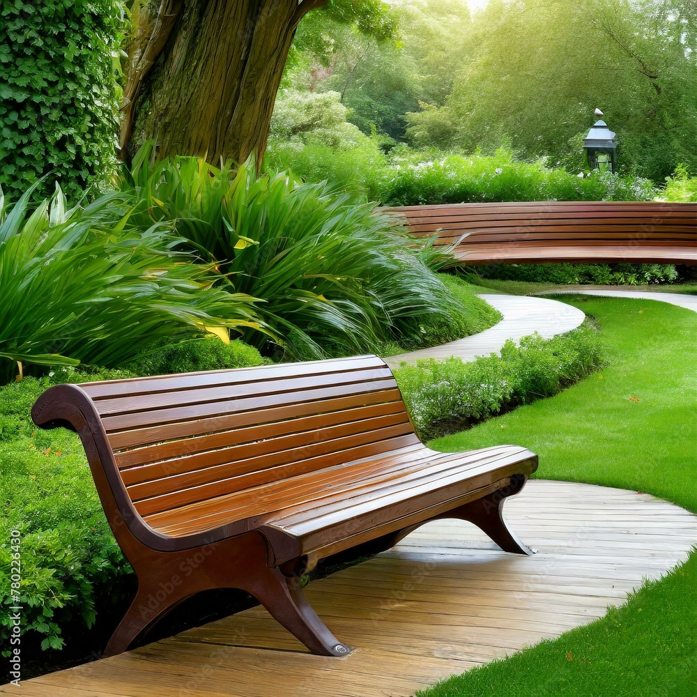a stylish curve-shaped brown wooden bench as the focal point of an ...