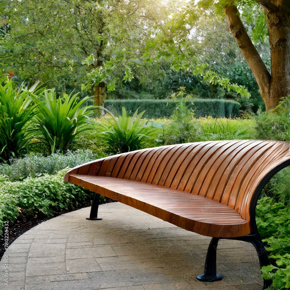 bench in the park.a stylish curve-shaped brown wooden bench as the ...