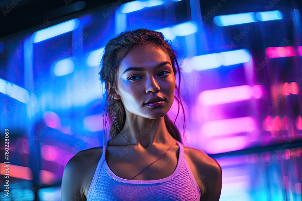 young woman workout routine, bathed in the vibrant glow of neon lights ...