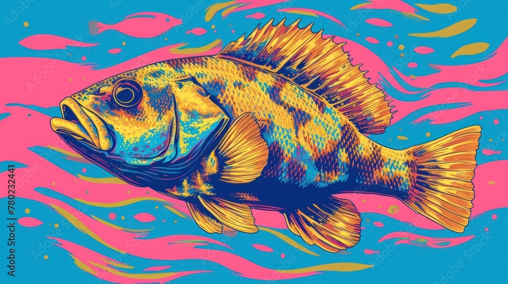 Fish in pop-art style graphic, psychedelic colors swirling around its ...