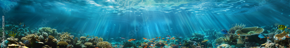 panoramic deep blue underwater background with coral reefs and fish ...