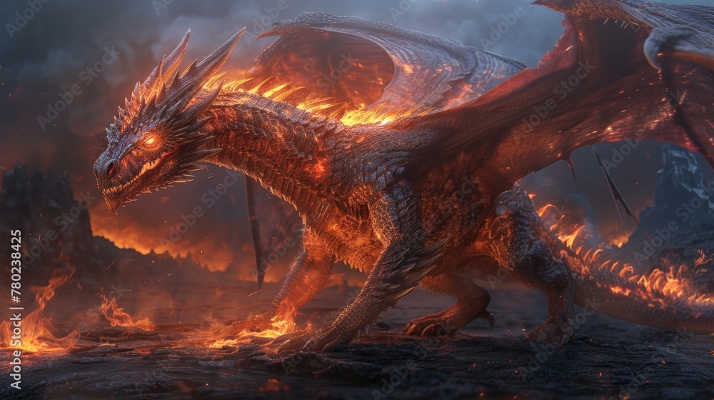 Digital art of a fiery dragon with glowing eyes in a dark landscape ...