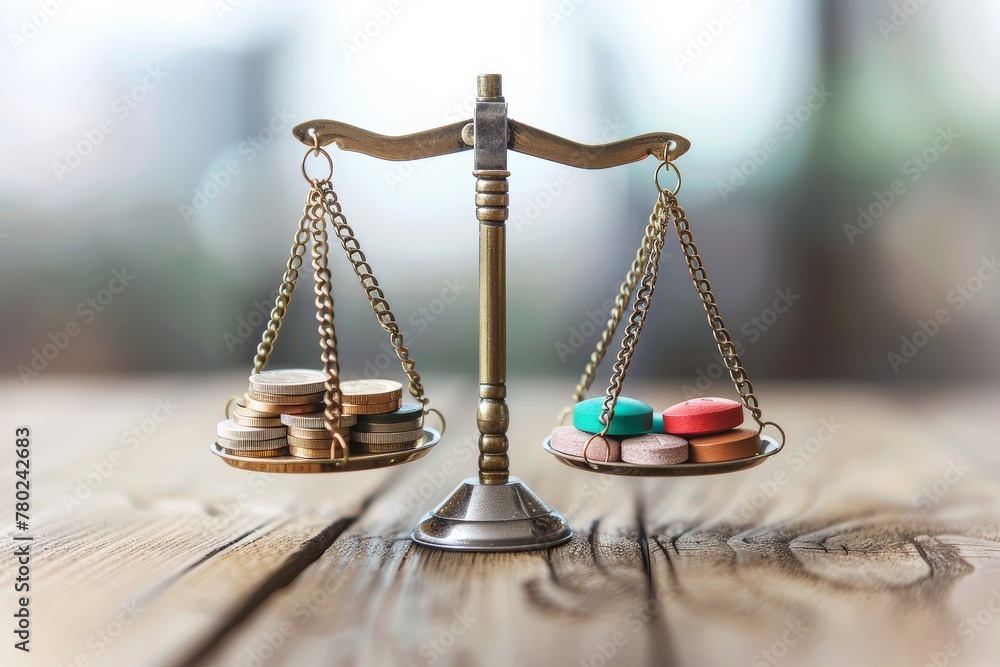 An antique balance scale comparing the cost of medication, represented ...