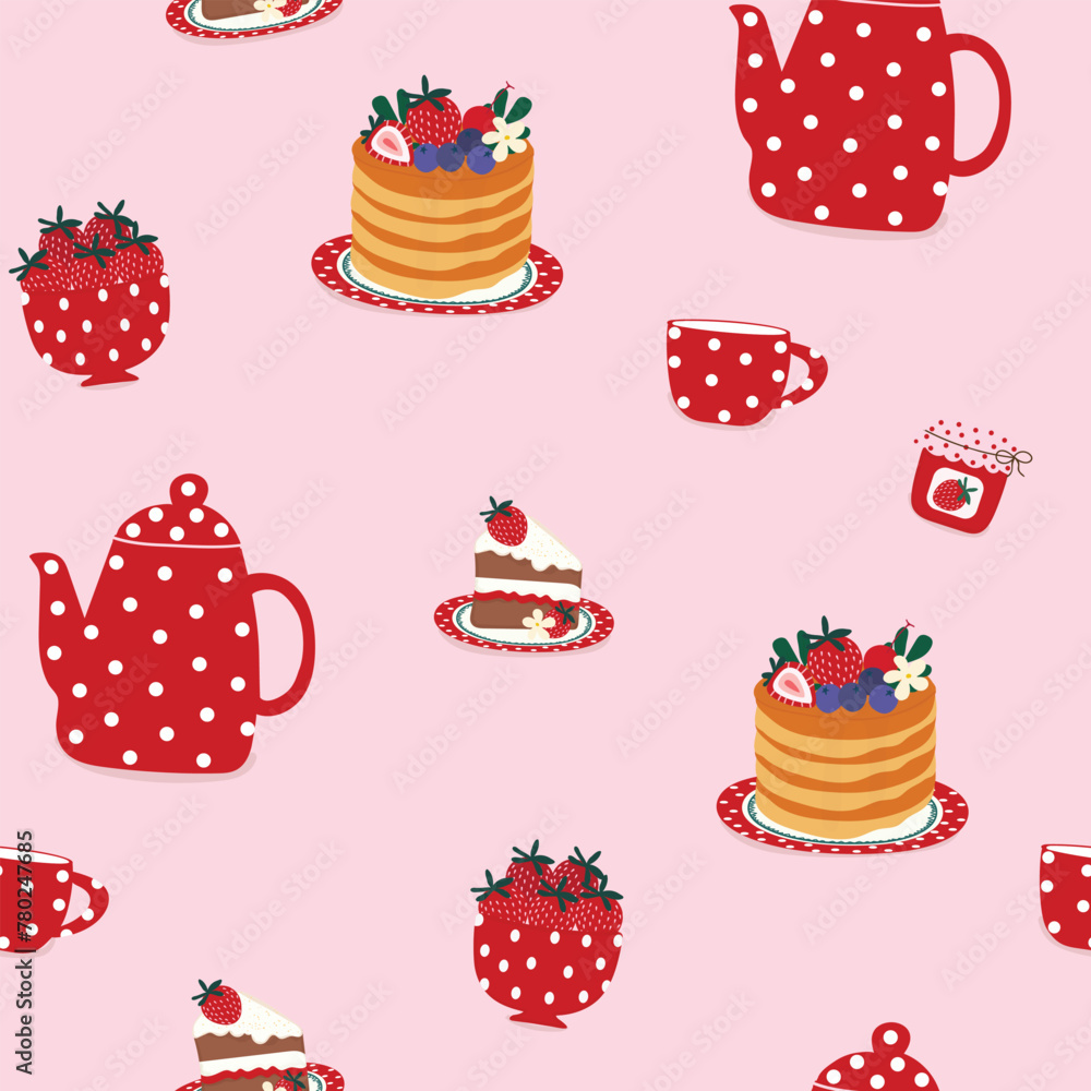 cute tea set with strawberry cake hand drawn seamless pattern vector ...