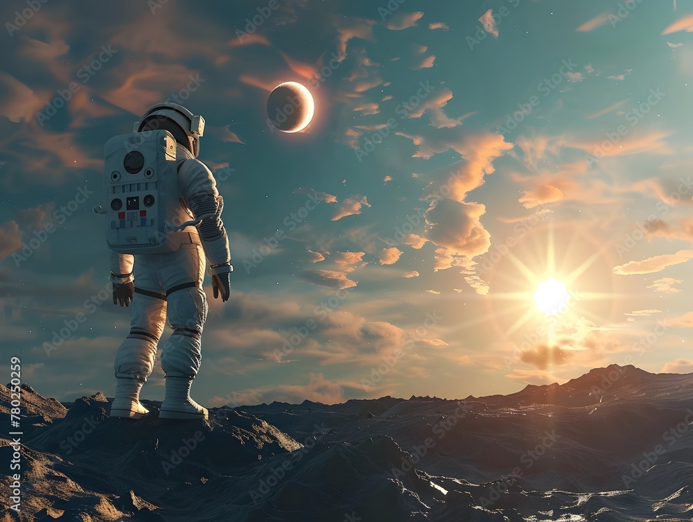 Astronaut Exploring Alien Landscape Under Dual Suns in Breathtaking Sci ...