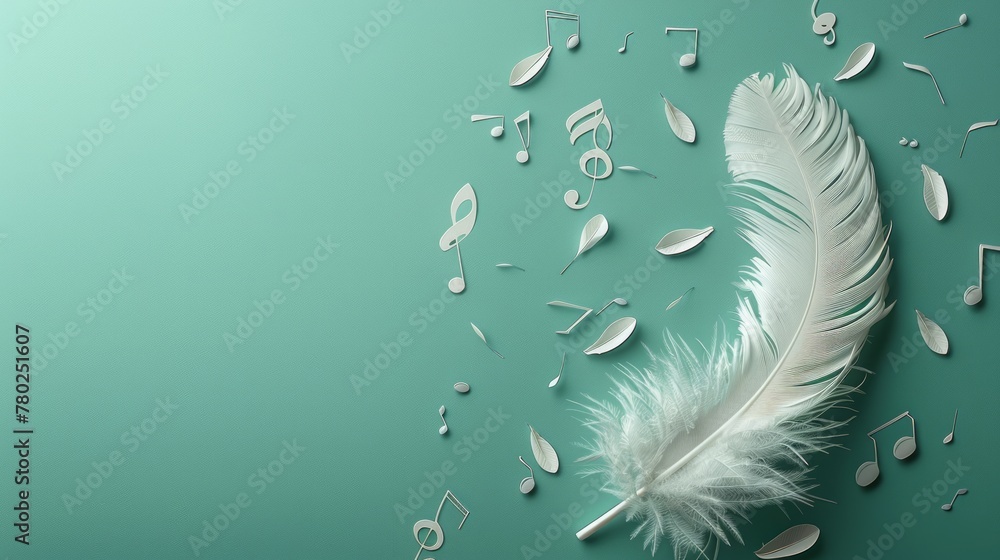 The delicate feathers match the musical notes on the green background ...