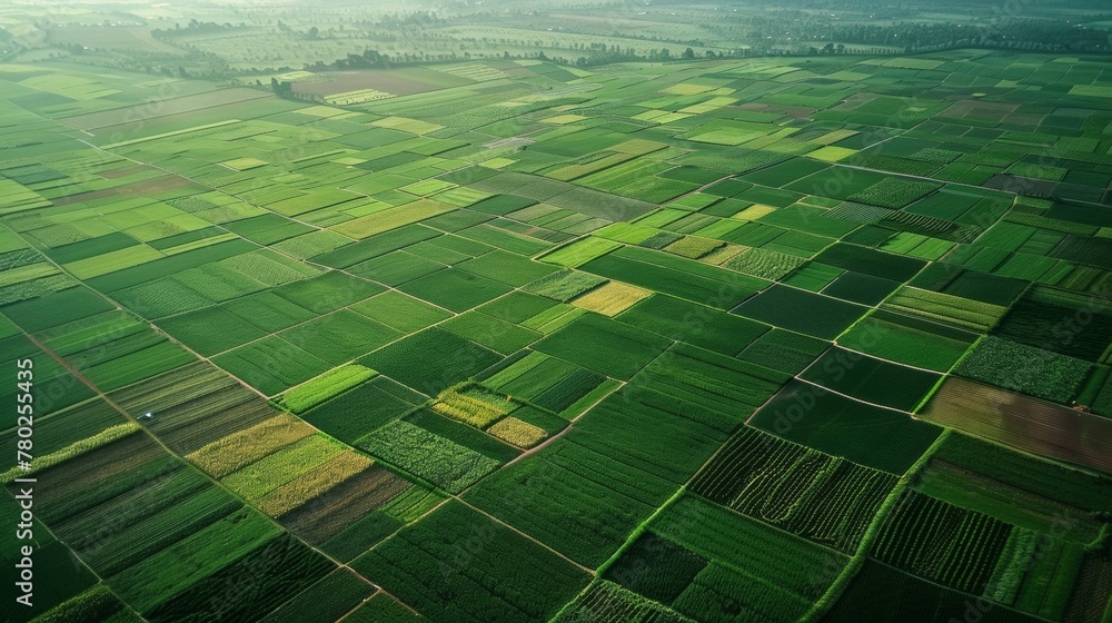 An aerial shot of a sprawling farm complex shows a variety of crops ...