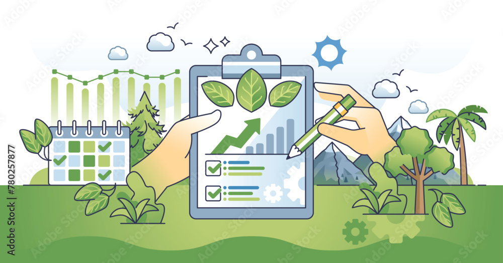 Sustainability reporting and ecological statistics outline hands concept. Corporate ESG analysis ...