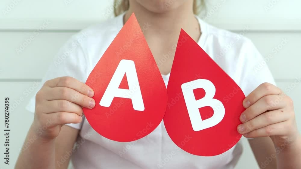 Blood group, A, B, AB. Children's hands hold a symbol from a drop of ...
