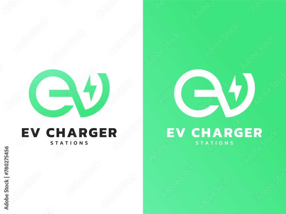 Electric Vehicle Charger letter ev with Lightning Bolt Symbol in letter ...