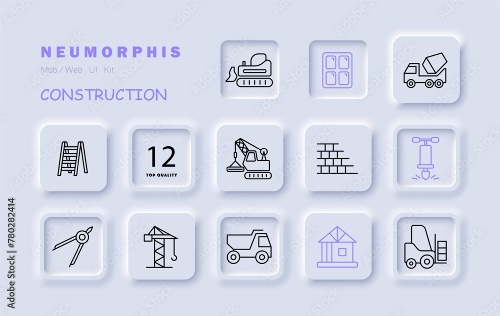Construction equipment set icon. Window, heavy equipment, ladder, crane ...