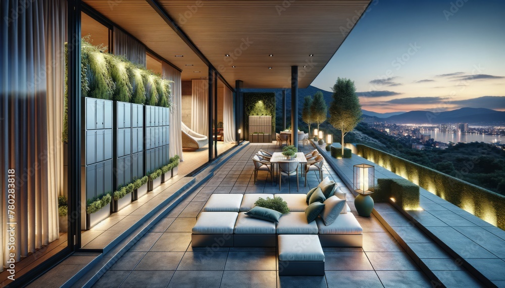 An elegant terrace setup with concealed battery storage units doubling ...