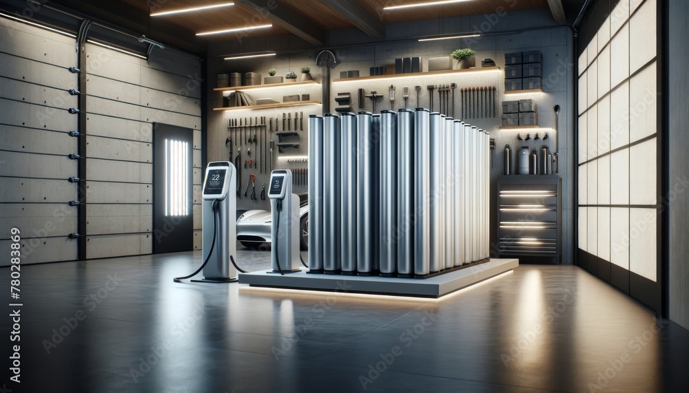 An array of slim, vertical battery packs, with a smooth matte finish ...