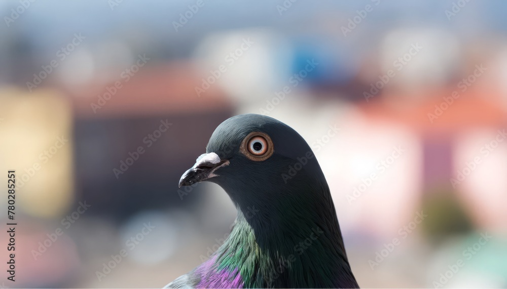 A close-up of a pigeon's head, focusing on the detailed pattern of its ...