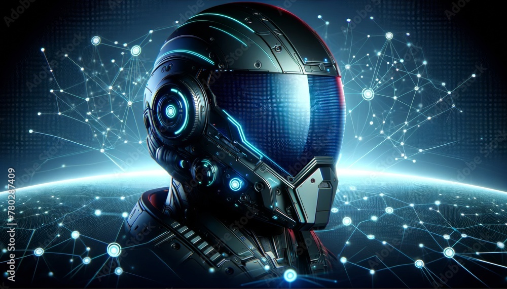 A high-tech helmet with a glowing visor, detailed with neon blue lines ...
