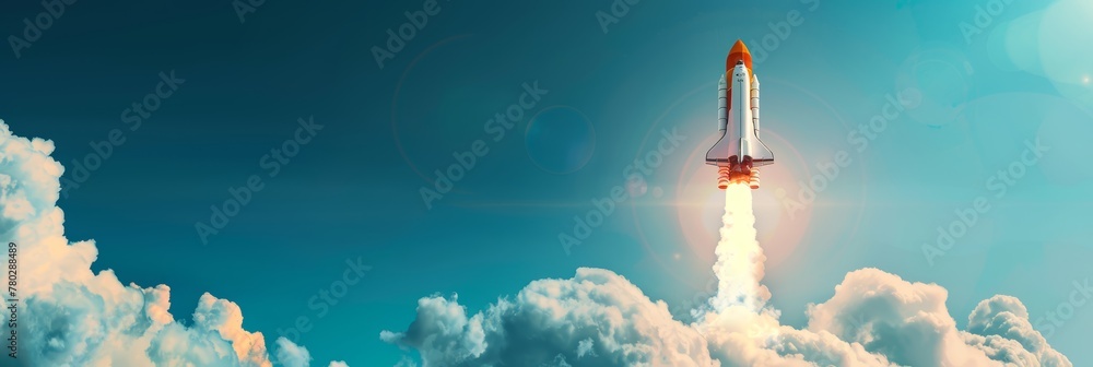 A white and red rocket is launching and flying in the blue sky with ...
