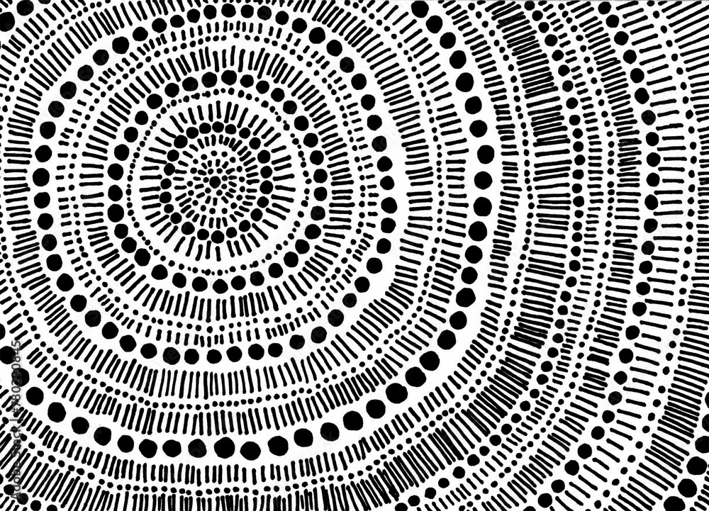 Abstract background of short lines and dots forming circles. Black on ...