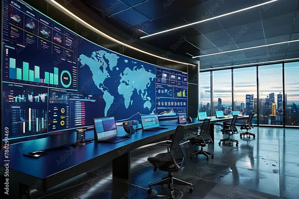 The video depicts a a modern network operations center. In the center, there is a network ...