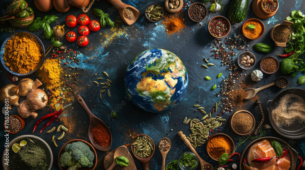 World Food Day, Earth globe at the heart of a variety of food, spices ...