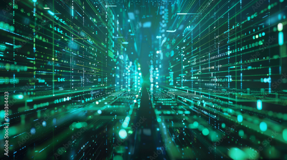 High-speed data streaming, blue and green holographic codes, futuristic ...