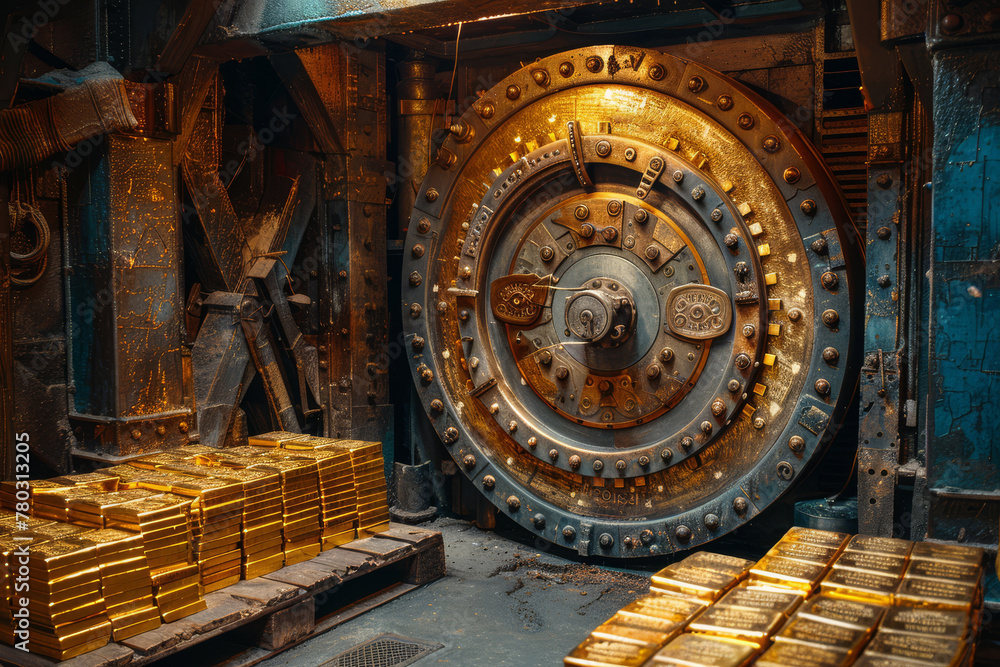 View of inside a vintage bank vault with a solid metal door, lots of ...