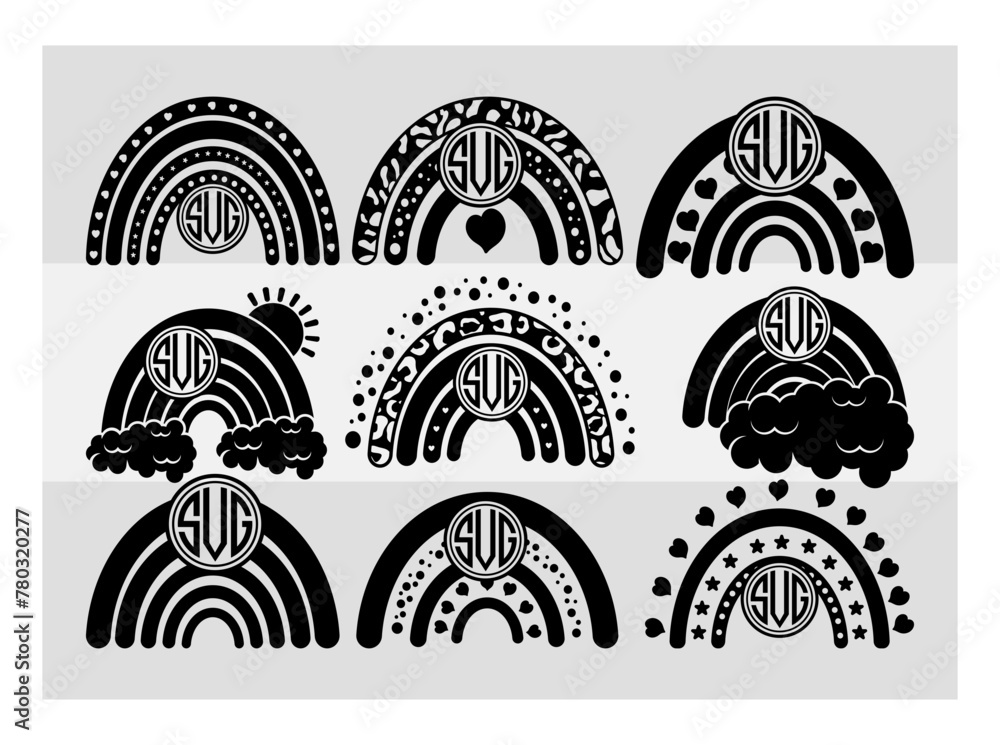 Boho Rainbow Cilcle Monogram, SVG Bundle, Layered Bohemian Rainbow ...
