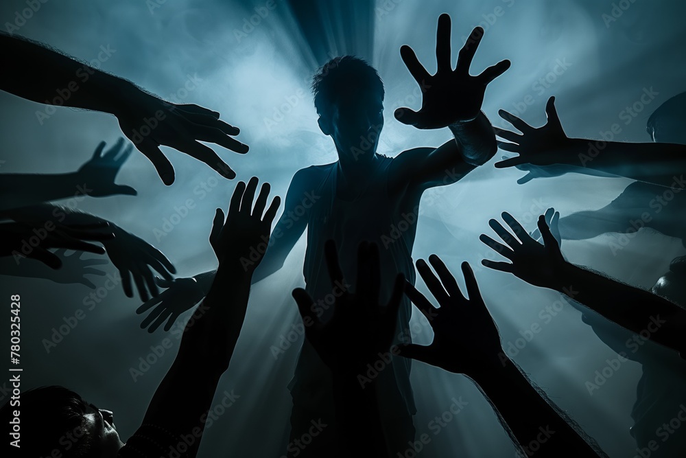 Figure in Silhouette Against Dimly Lit Background, Hands Reaching in ...