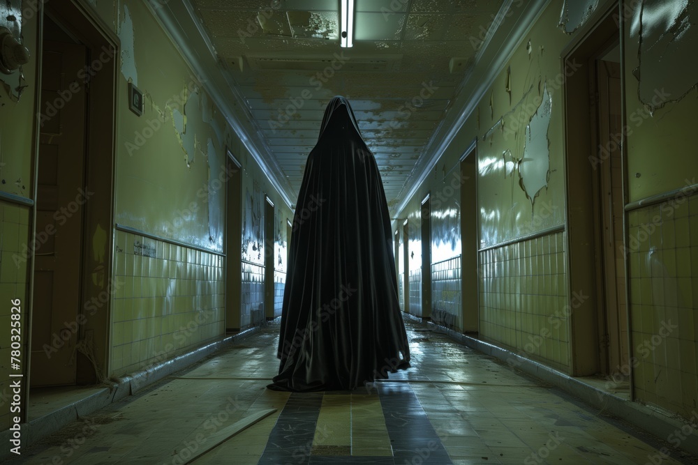 mysterious figure shrouded in cloak walking down abandoned corridor ...