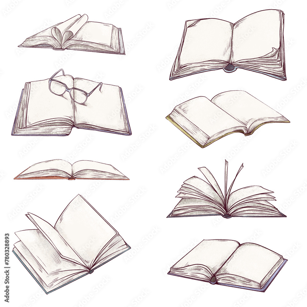 Books open hand drawn illustrations set. Sketch art of books with empty ...