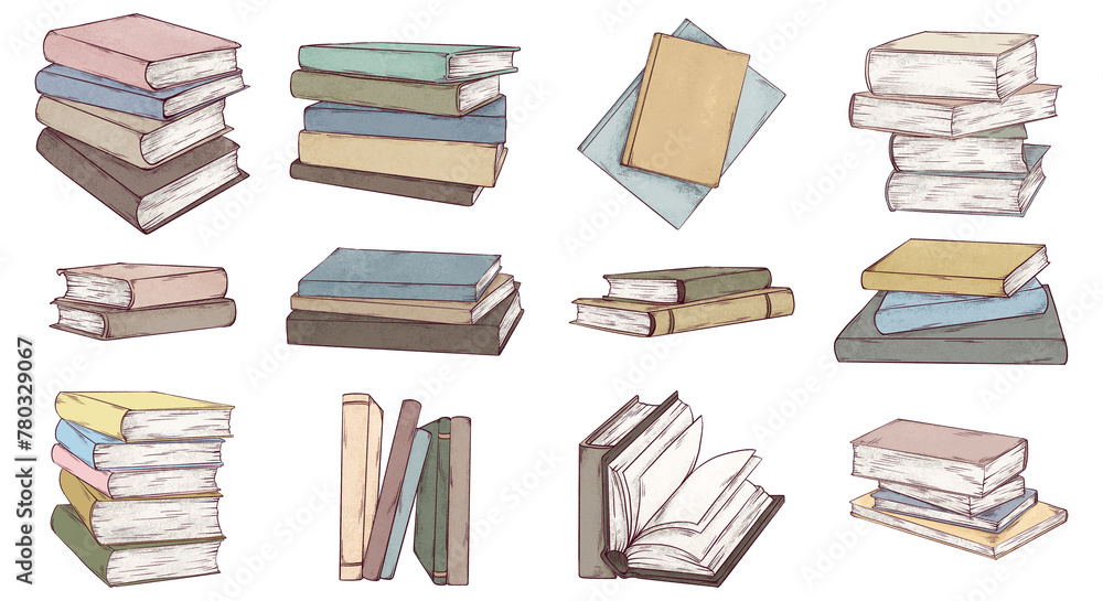 Books hand drawn illustrations set. Sketch art of books with empty ...