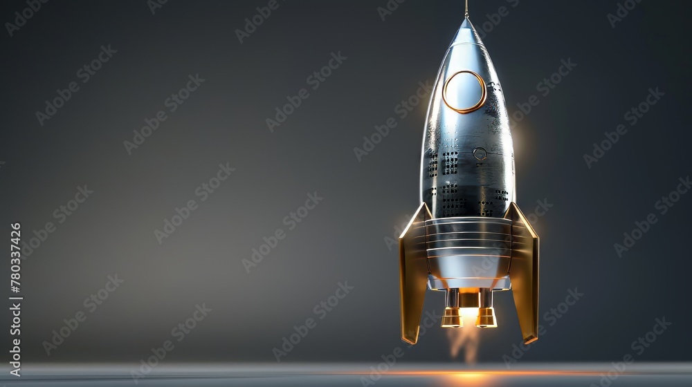 Innovation concept visualized by a silver aluminum rocket with gold ...