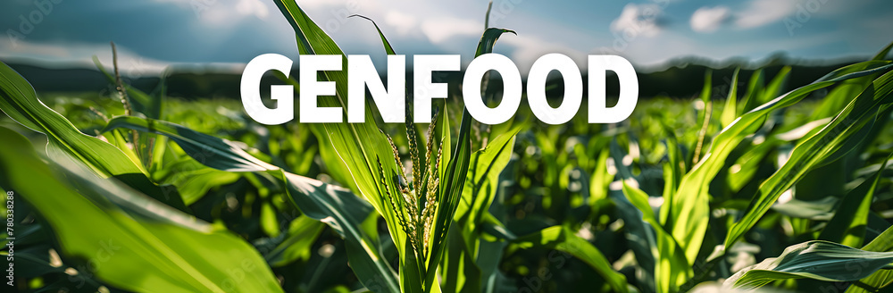 Genfood sign in front of a field. Genetically modified crops and plants ...