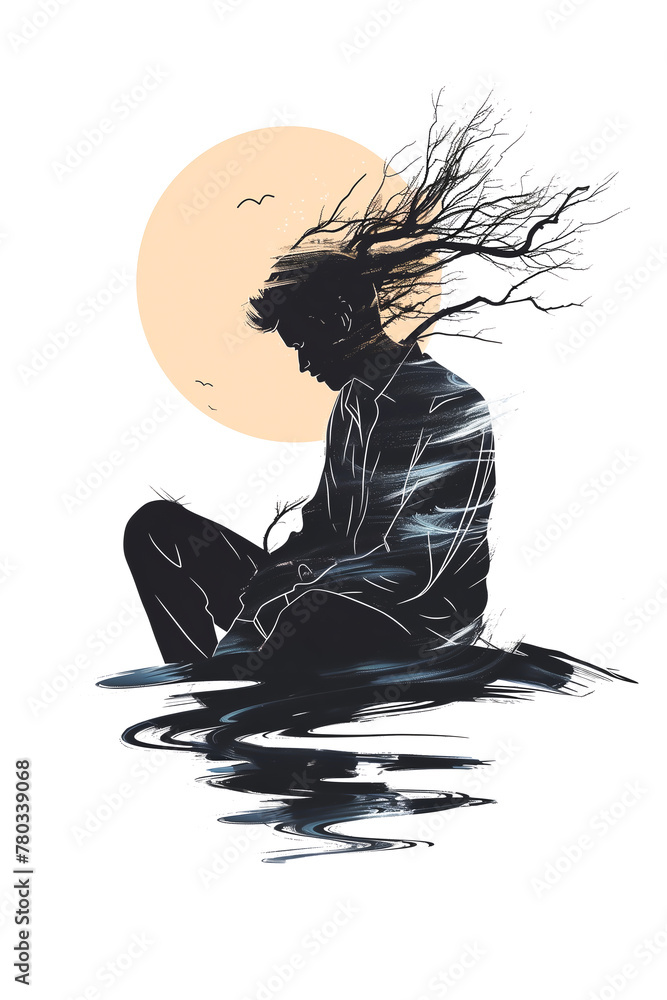 Dead tree without leaves is growing out of man's head, while he sits ...