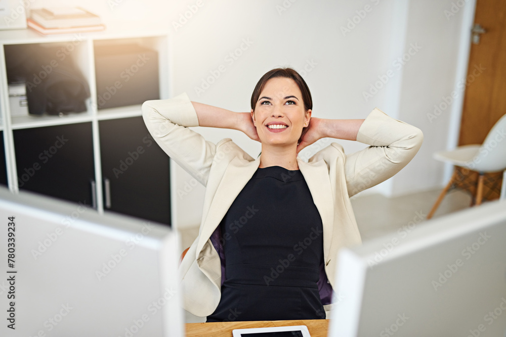 Businesswoman, finished and happy in office for thinking, relax and ...