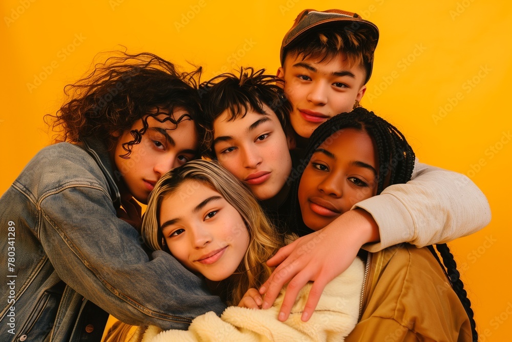 group of young people of different races and nationalities hug each ...
