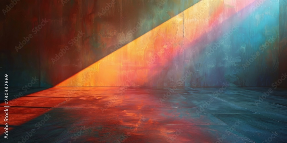 Light rushing towards a prism separate light rainbow spectrum against a ...