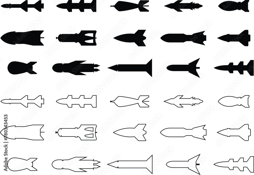 Set of Missile icons in flat styles editable stock. Combat rocket ...